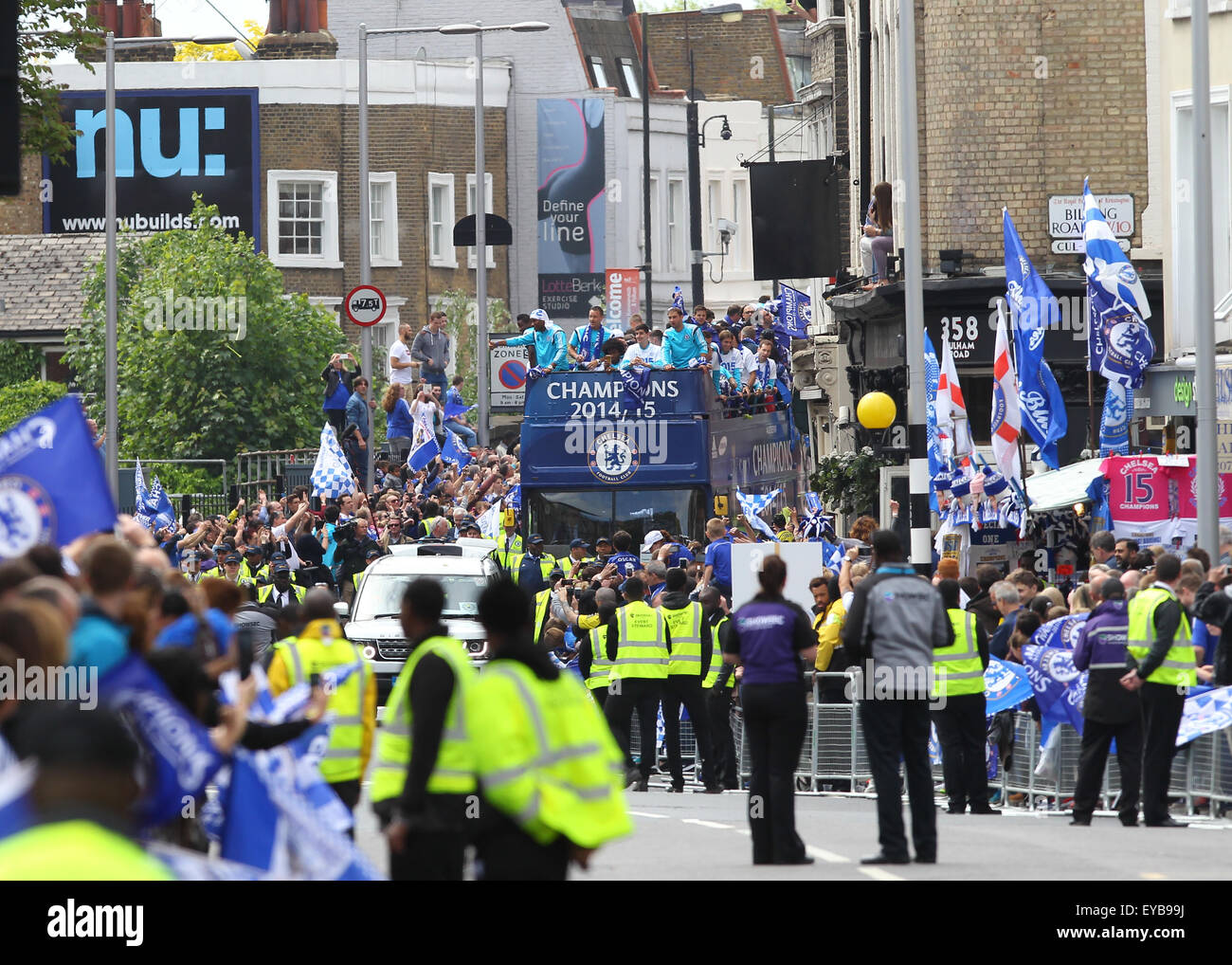 Chelsea Football Club players and staff take a victory parade on an ...