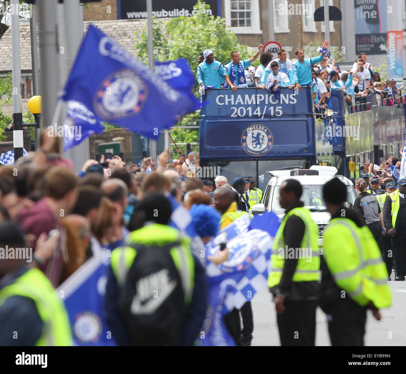 Chelsea Football Club players and staff take a victory parade on an ...