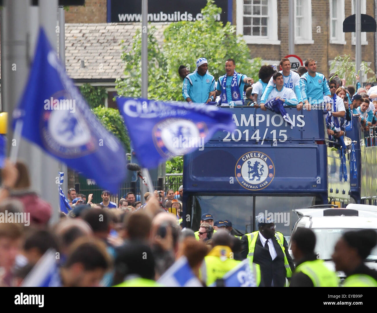 Chelsea Football Club players and staff take a victory parade on an ...