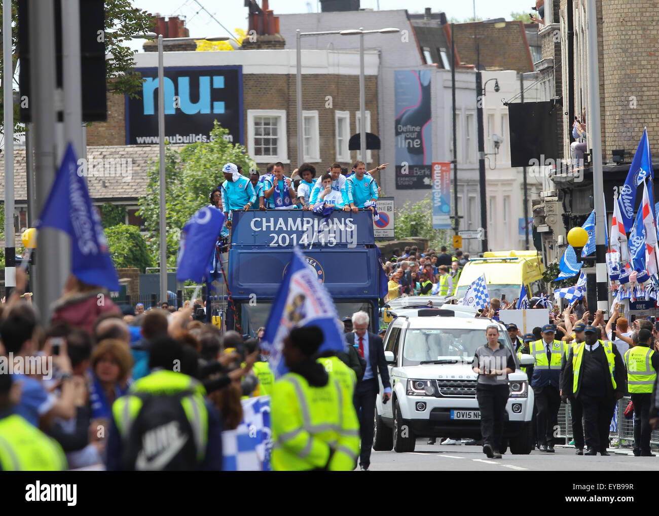 Chelsea Football Club players and staff take a victory parade on an ...
