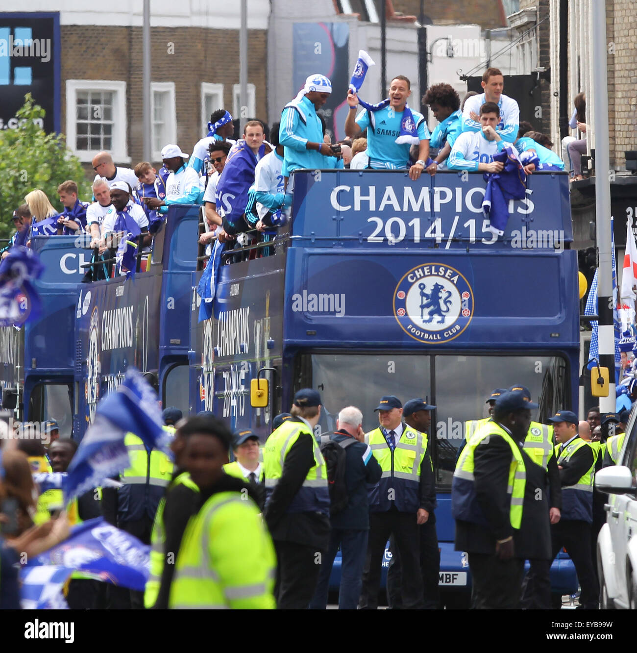Chelsea Football Club players and staff take a victory parade on an ...