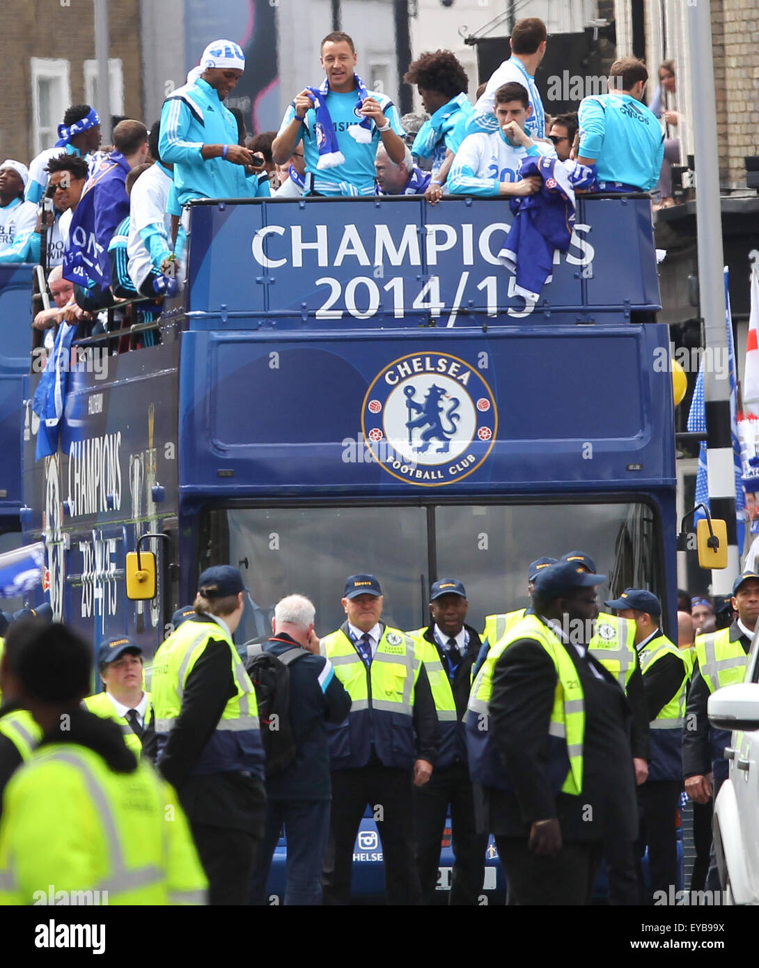 Chelsea Football Club players and staff take a victory parade on an ...