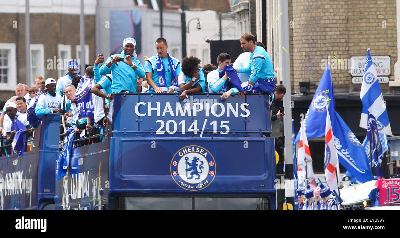 Chelsea Football Club players and staff take a victory parade on an ...