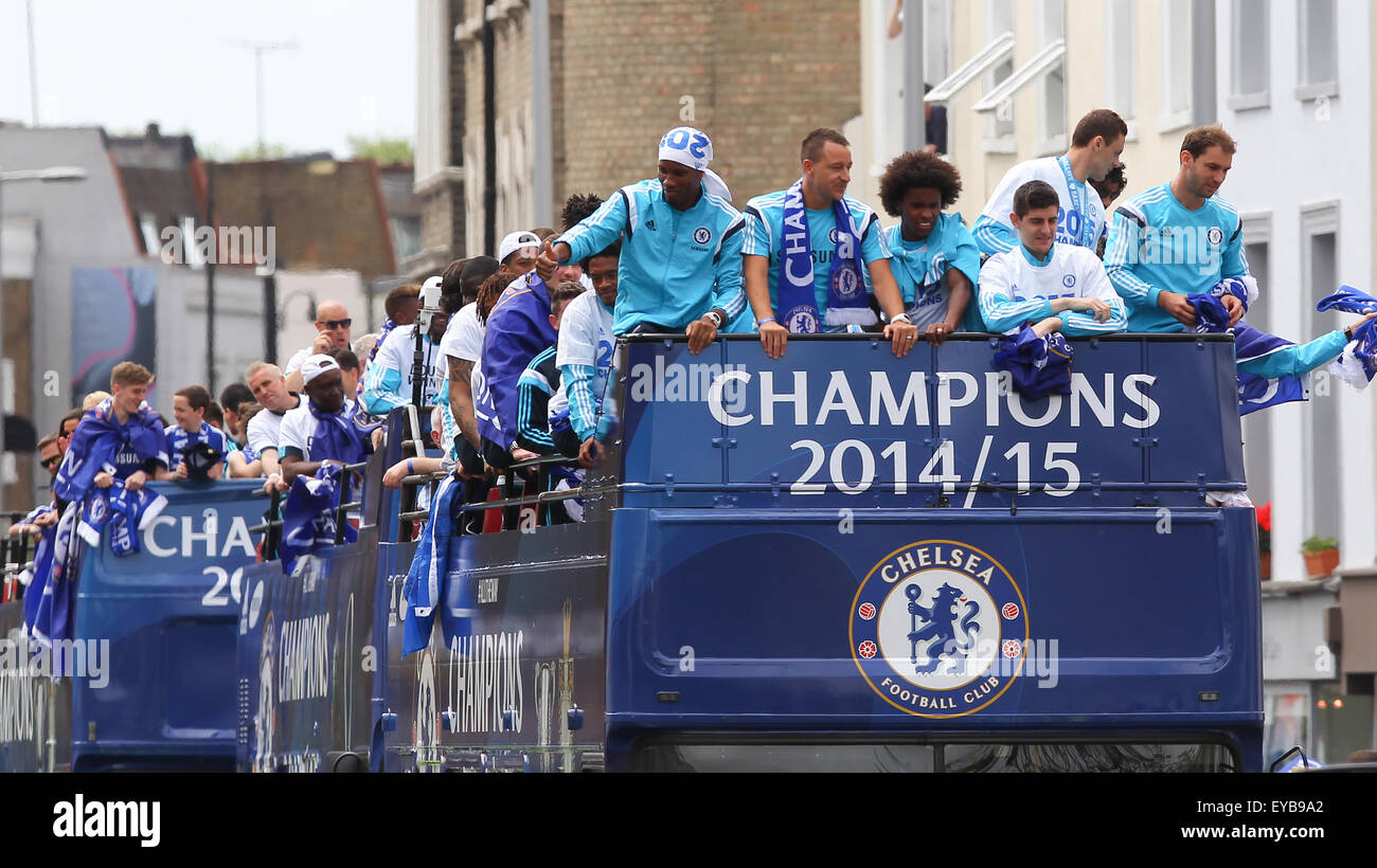 Chelsea Football Club players and staff take a victory parade on an ...