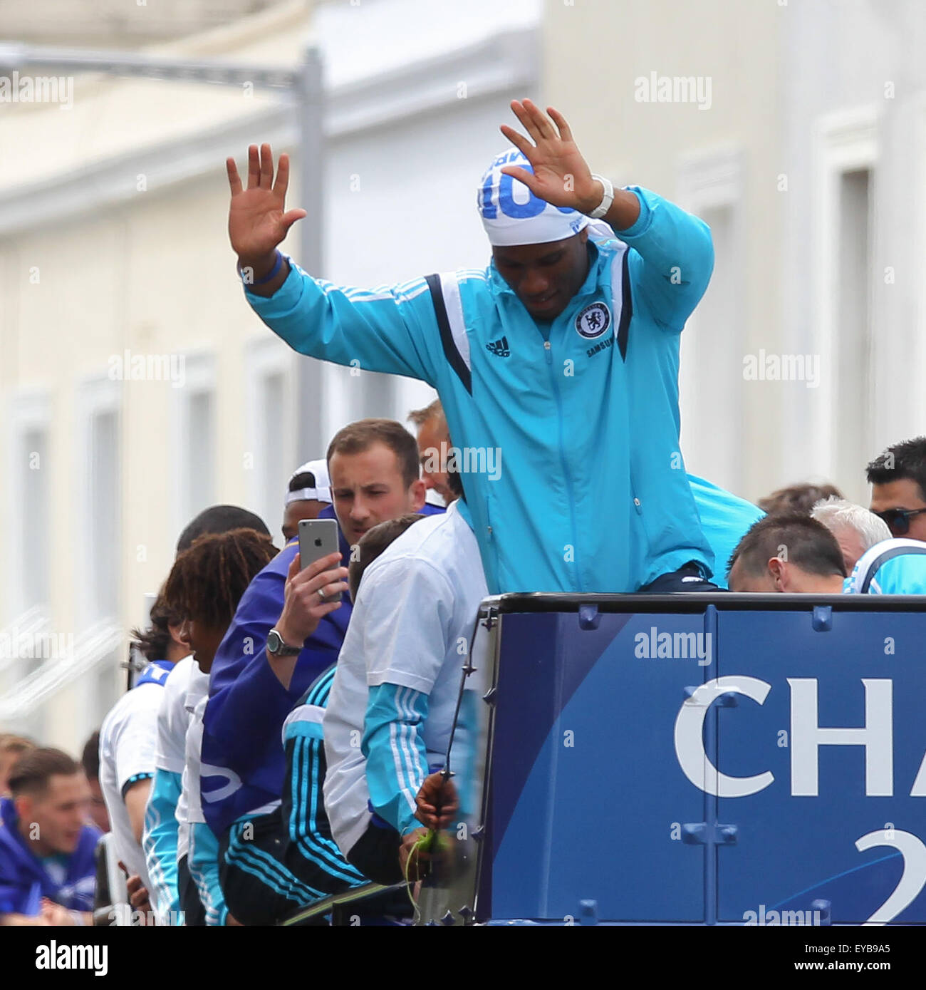 Chelsea Football Club players and staff take a victory parade on an ...