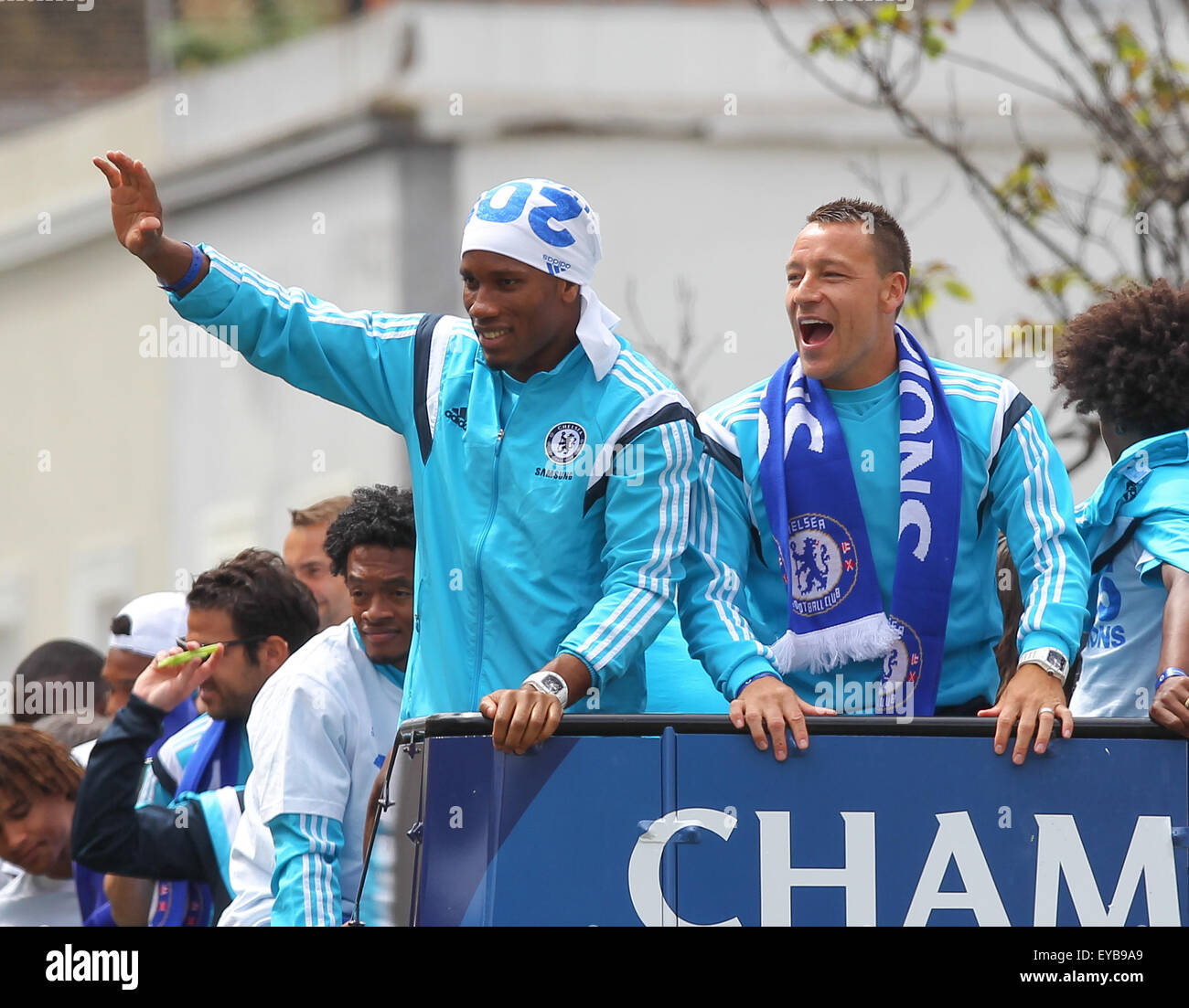 Chelsea Football Club players and staff take a victory parade on an ...