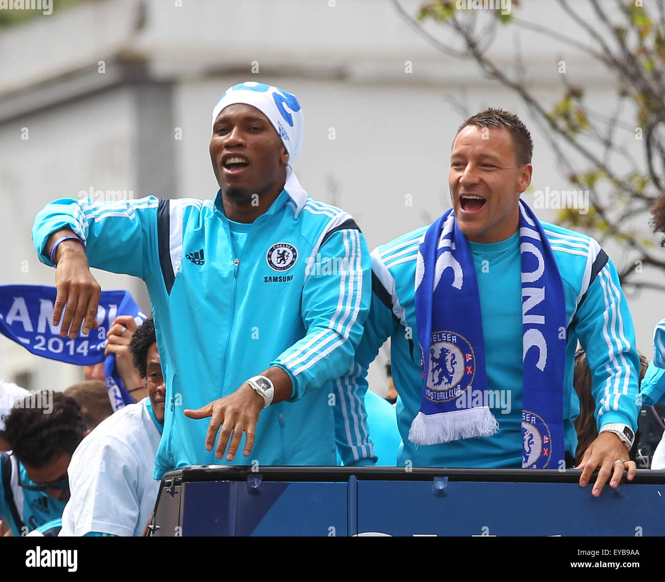 Chelsea Football Club players and staff take a victory parade on an ...