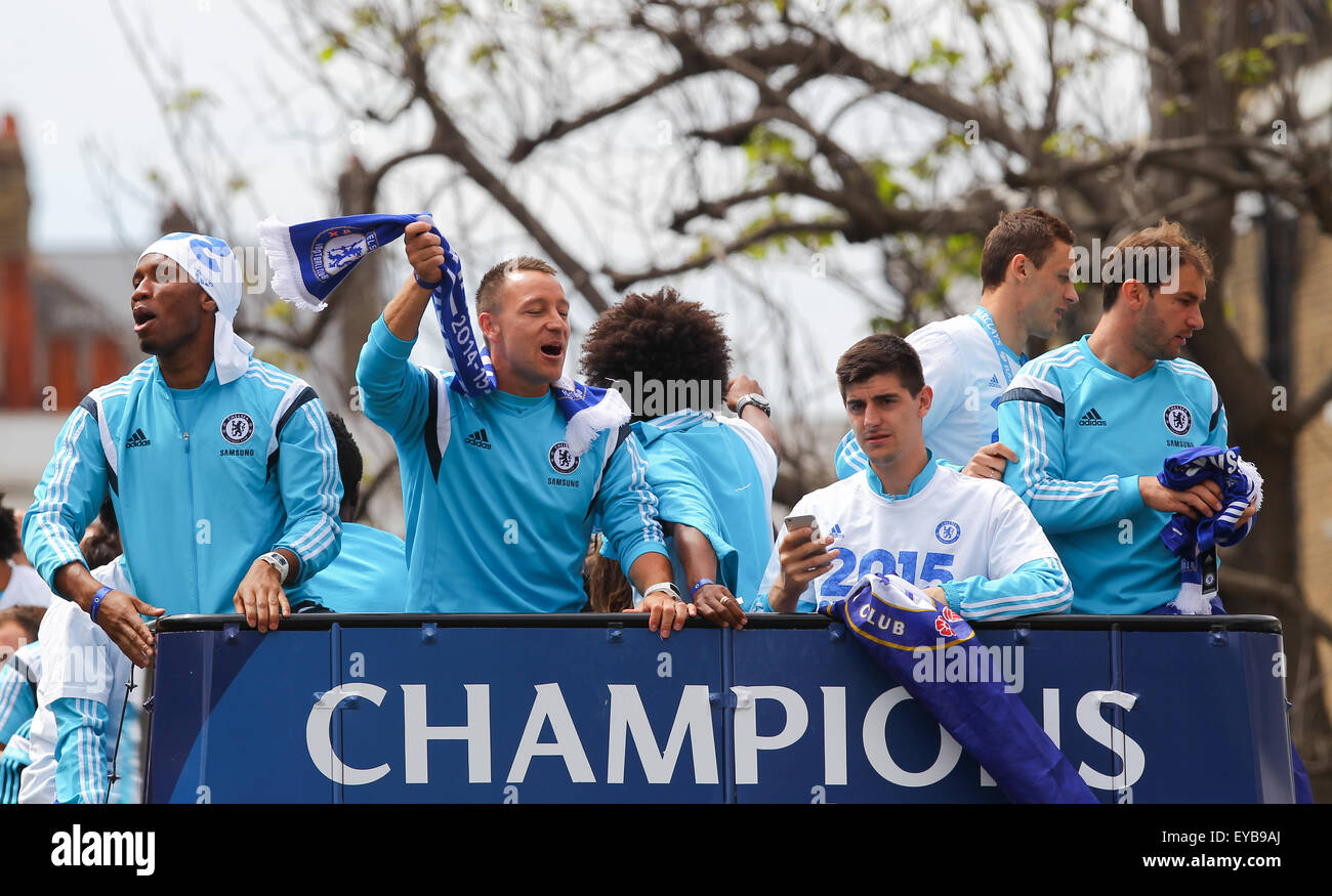 Chelsea Football Club players and staff take a victory parade on an ...