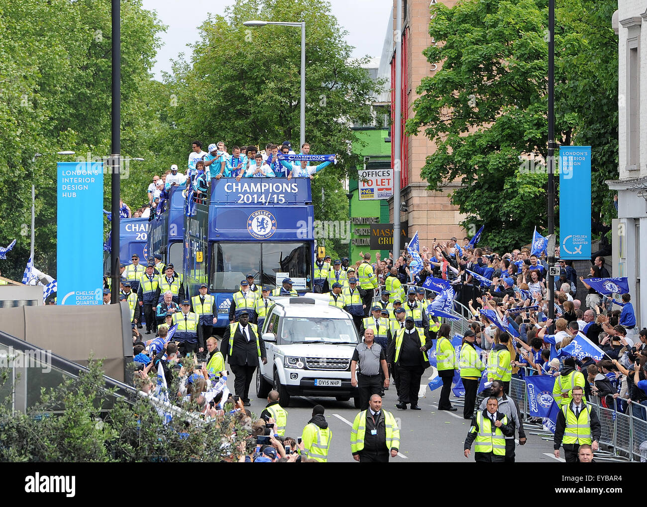 Chelsea Football Club players and staff take a victory parade on an ...