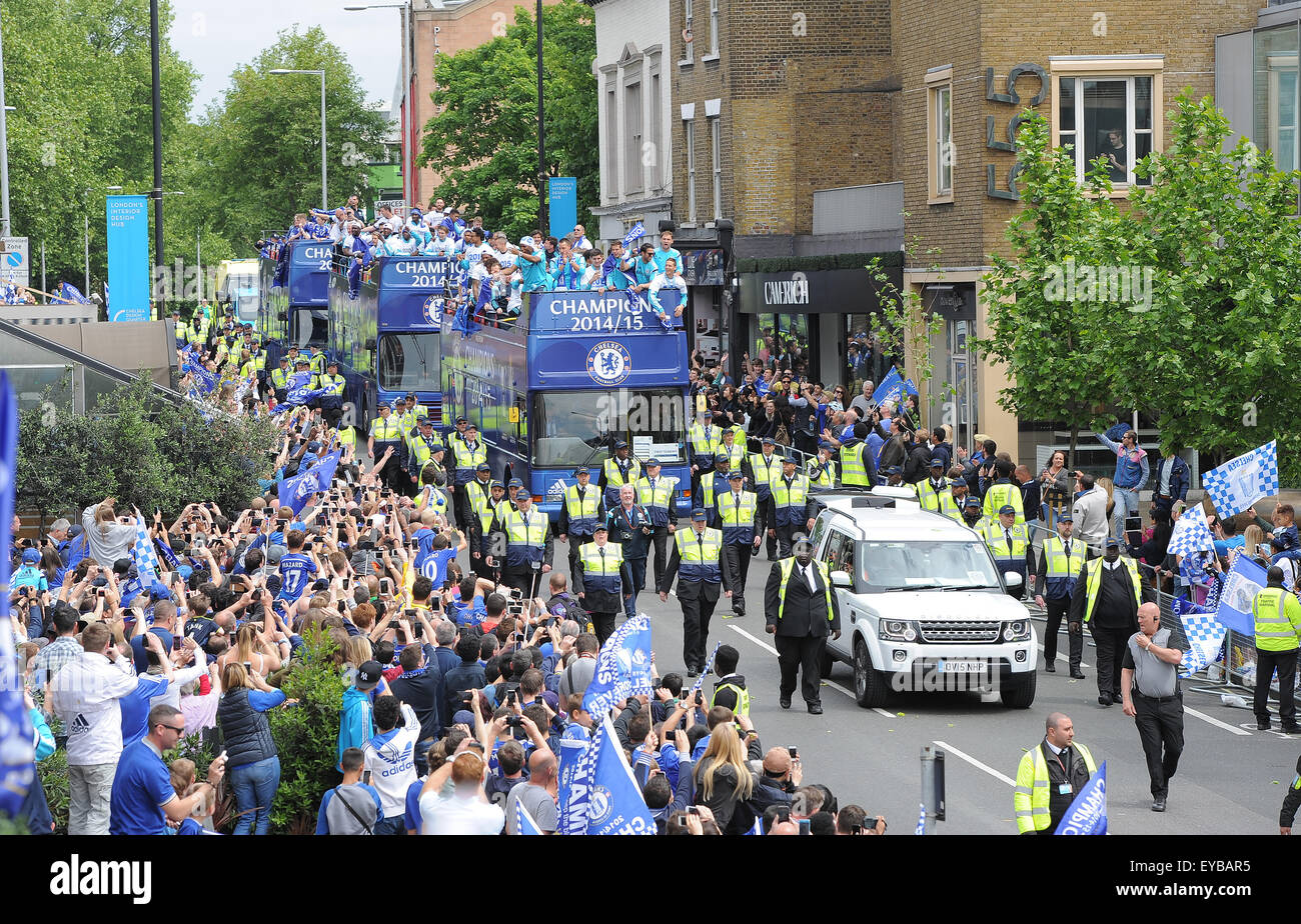 Chelsea Football Club players and staff take a victory parade on an ...
