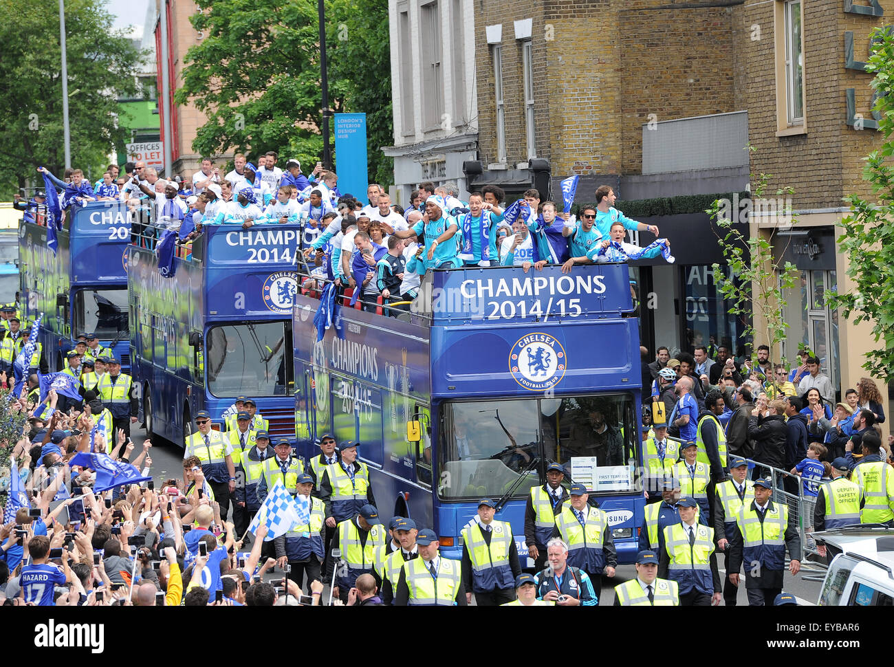 Chelsea Football Club players and staff take a victory parade on an ...