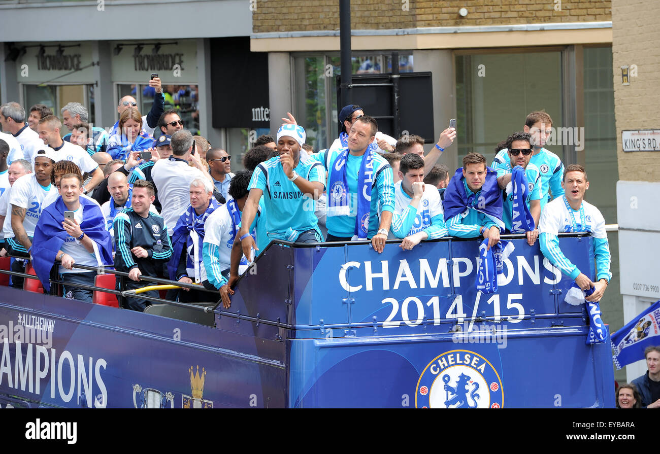 Chelsea Football Club players and staff take a victory parade on an ...