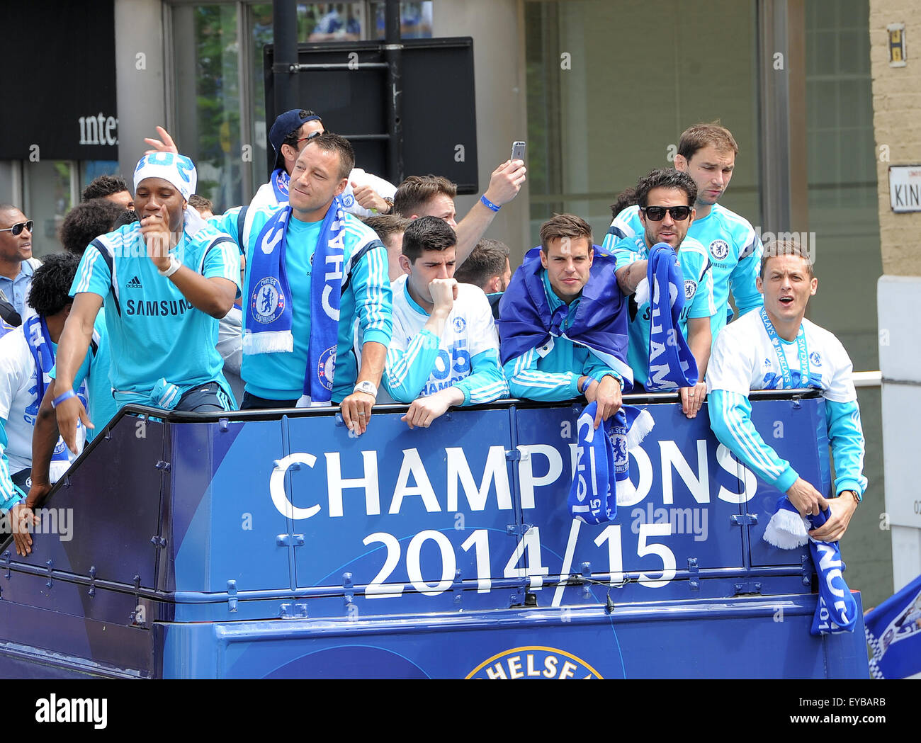 Chelsea Football Club players and staff take a victory parade on an ...