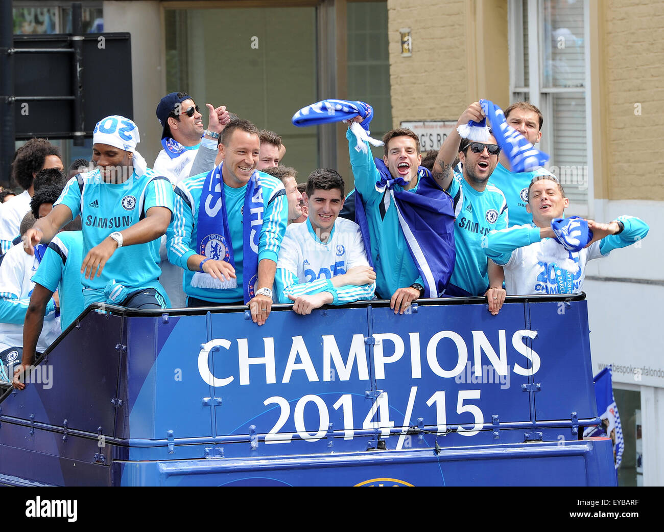 Chelsea Football Club players and staff take a victory parade on an ...