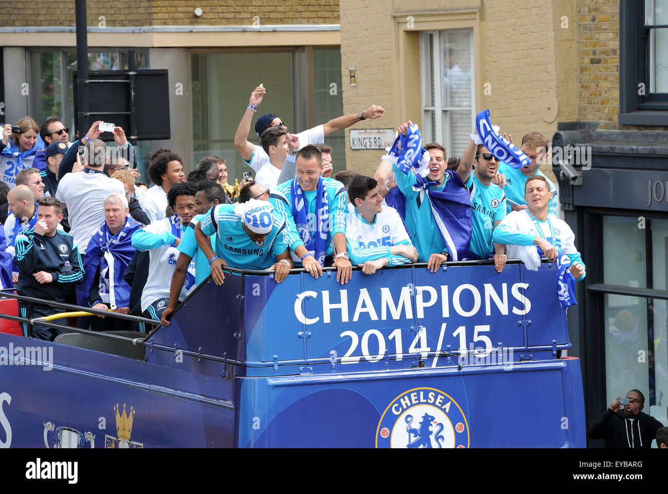 Chelsea Football Club players and staff take a victory parade on an ...
