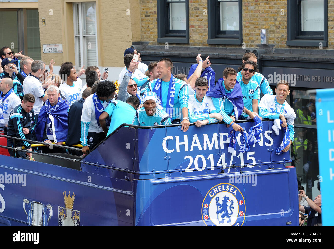 Chelsea Football Club players and staff take a victory parade on an ...