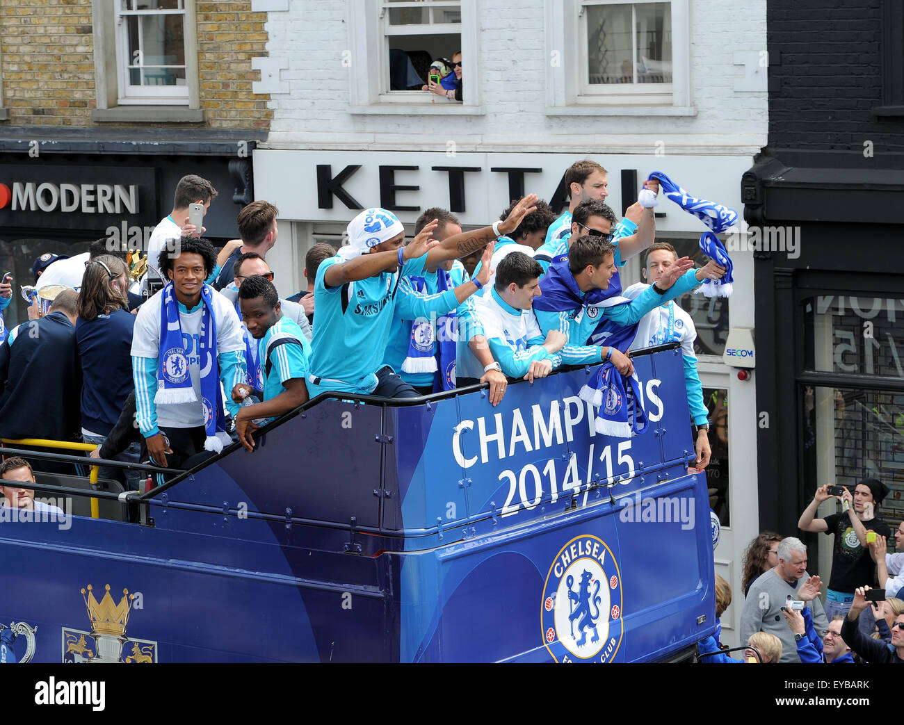 Chelsea Football Club players and staff take a victory parade on an ...