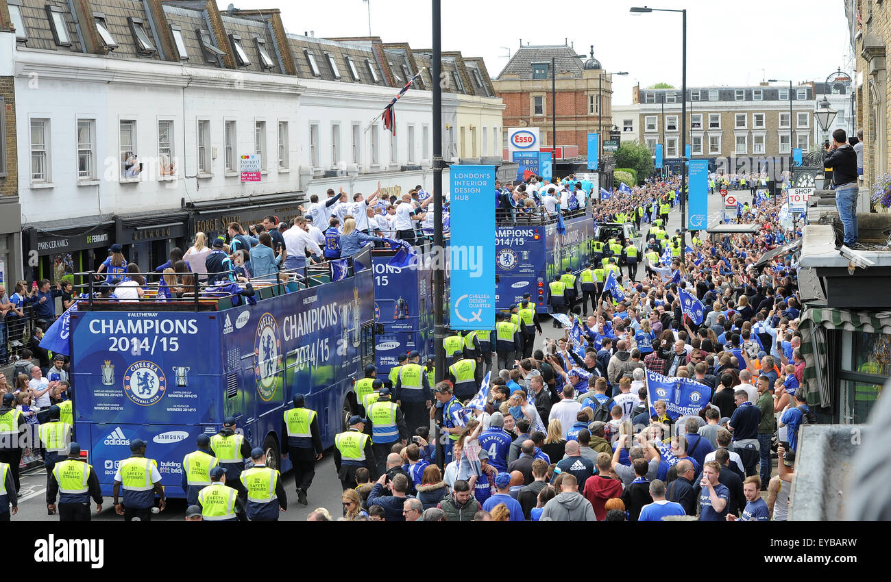 Chelsea Football Club players and staff take a victory parade on an ...