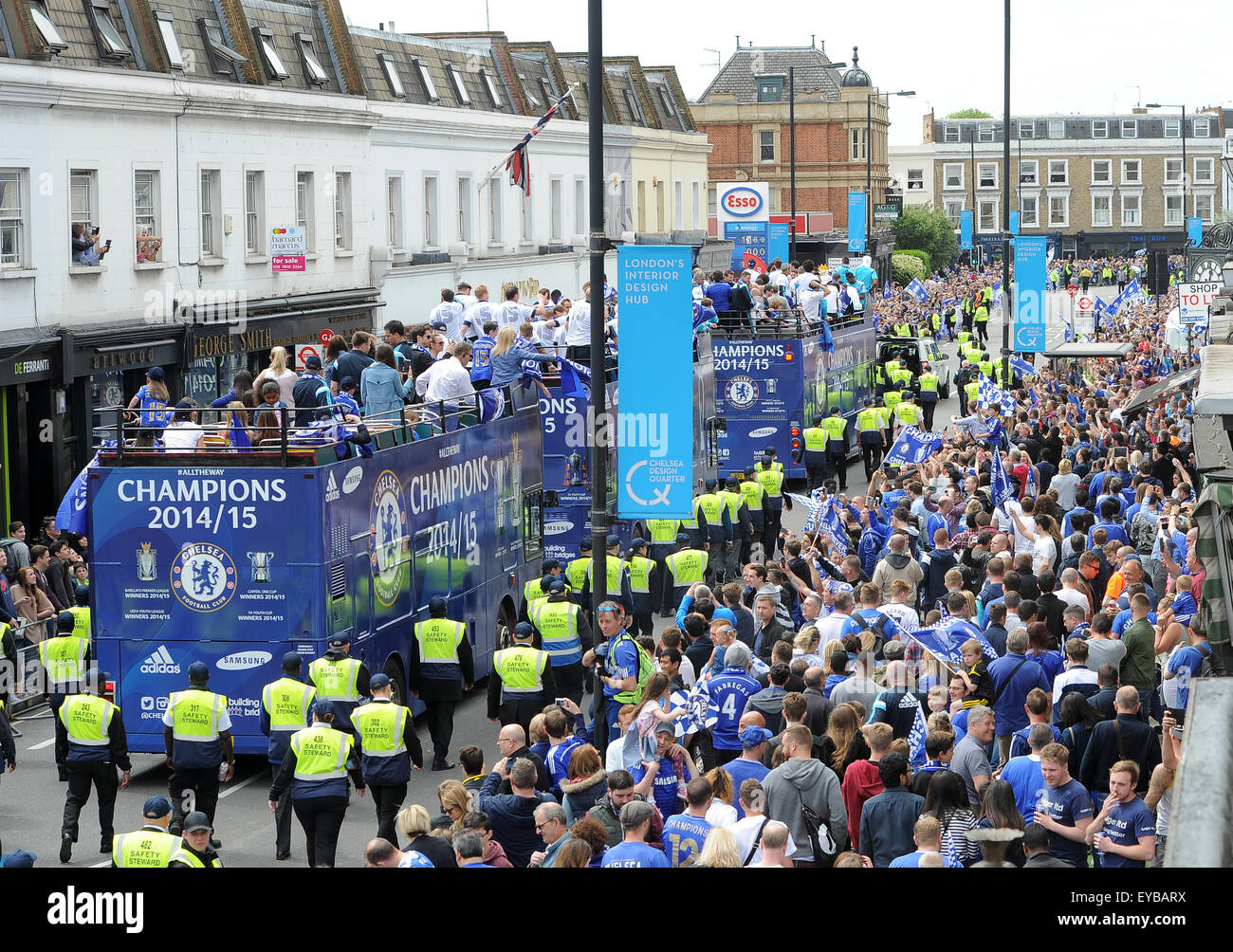 Chelsea Football Club players and staff take a victory parade on an ...