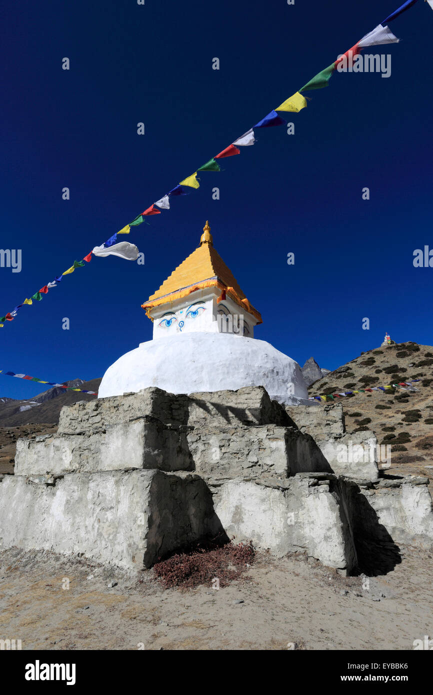 Buddhist Stupa with Prayer flags, Dingboche village, Imja Khola river ...