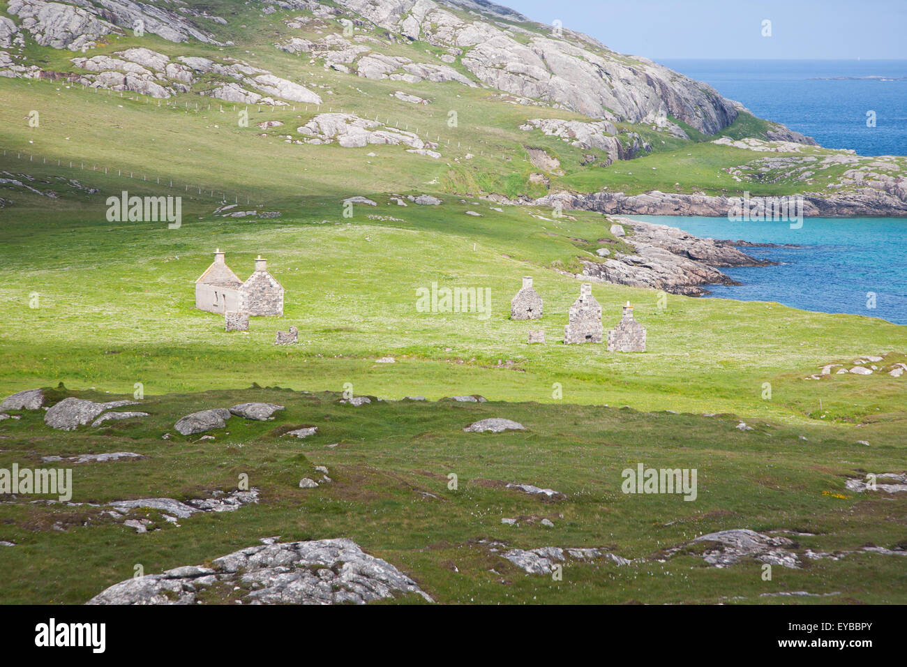 Abandoned croft houses in deserted village, Eorasdail, Vatersay Island ...
