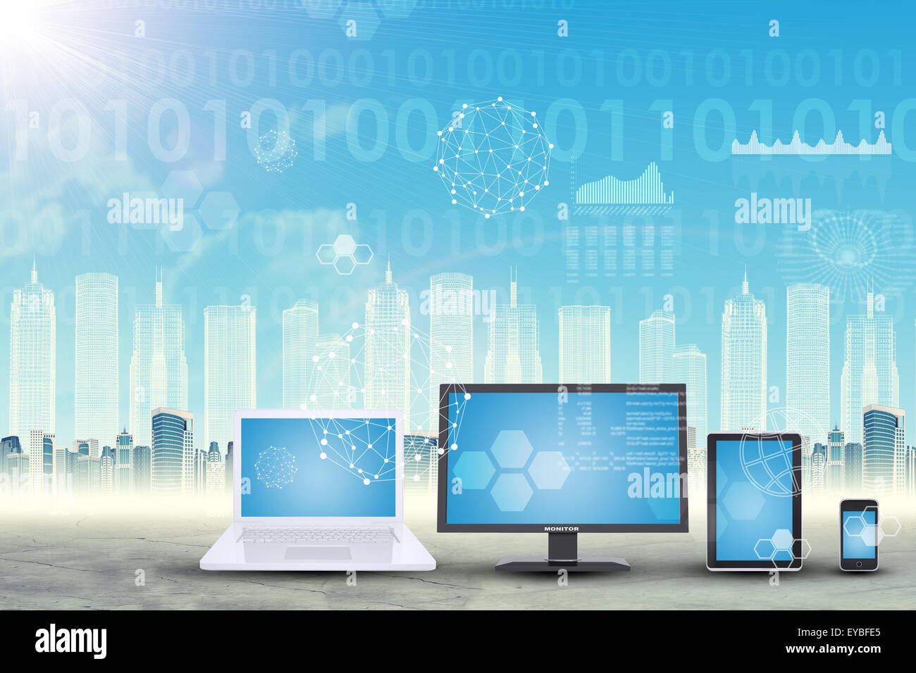 Set of gadgets on cityscape background Stock Photo - Alamy