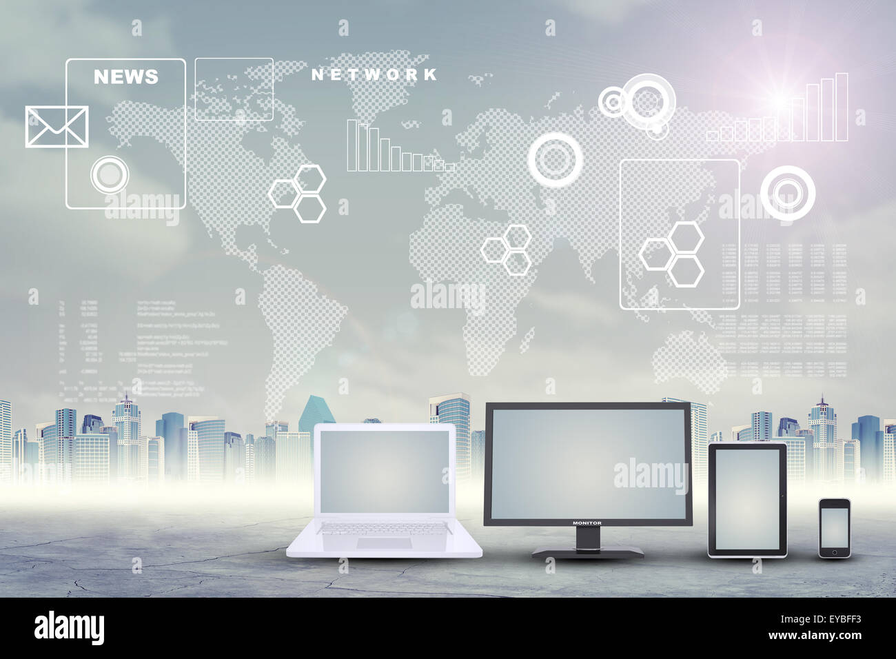 Set of gadgets on city background Stock Photo - Alamy