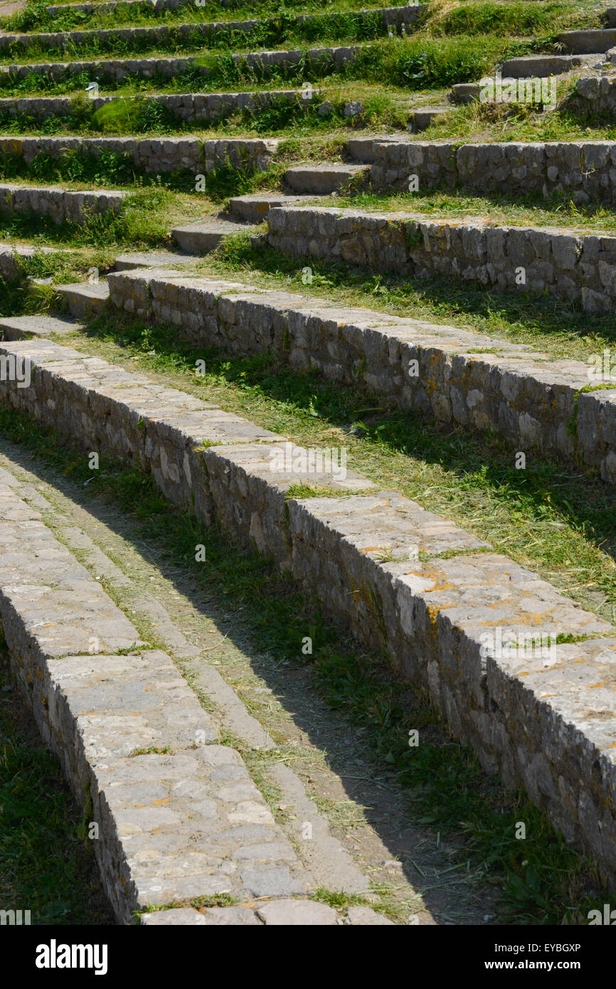 Ancient step seats in the Greek theatre or Teatro Greco in Taormina ...