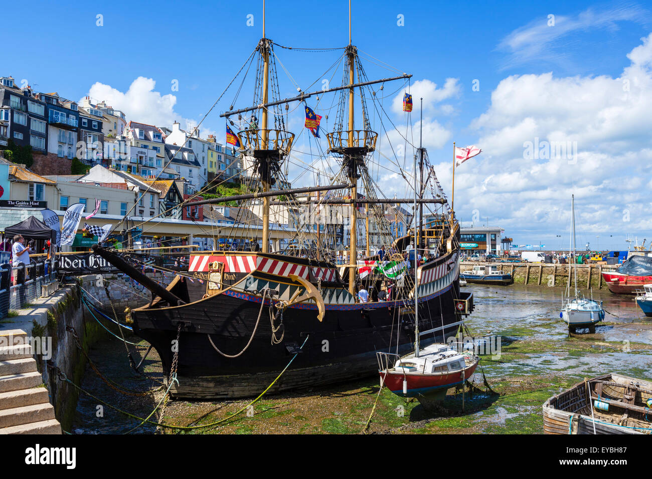 A replica of Sir Francis Drake's ship, the Golden Hind, in the harbour ...