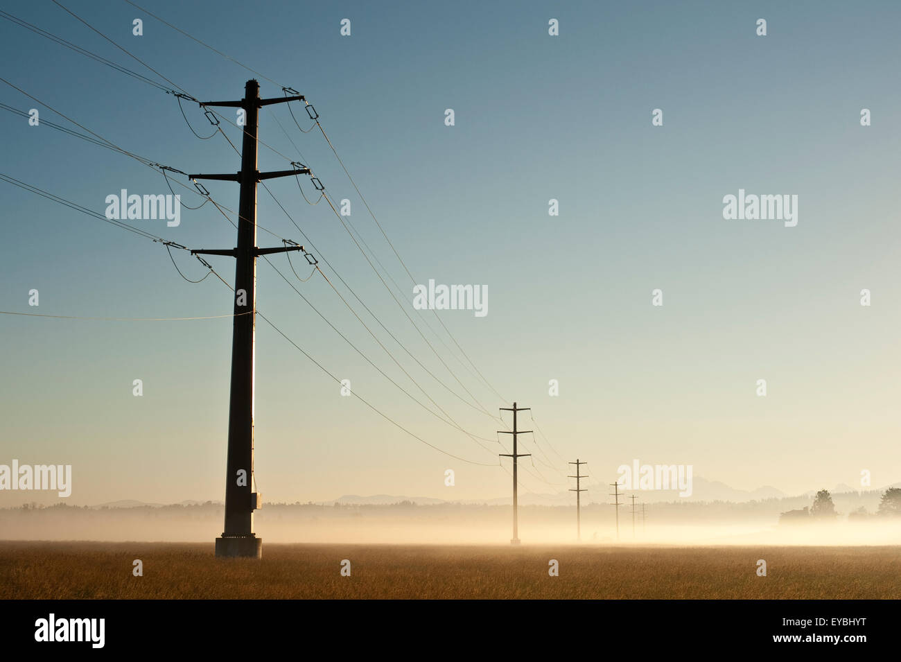 Large transmission tower with power lines in valley with early morning ...