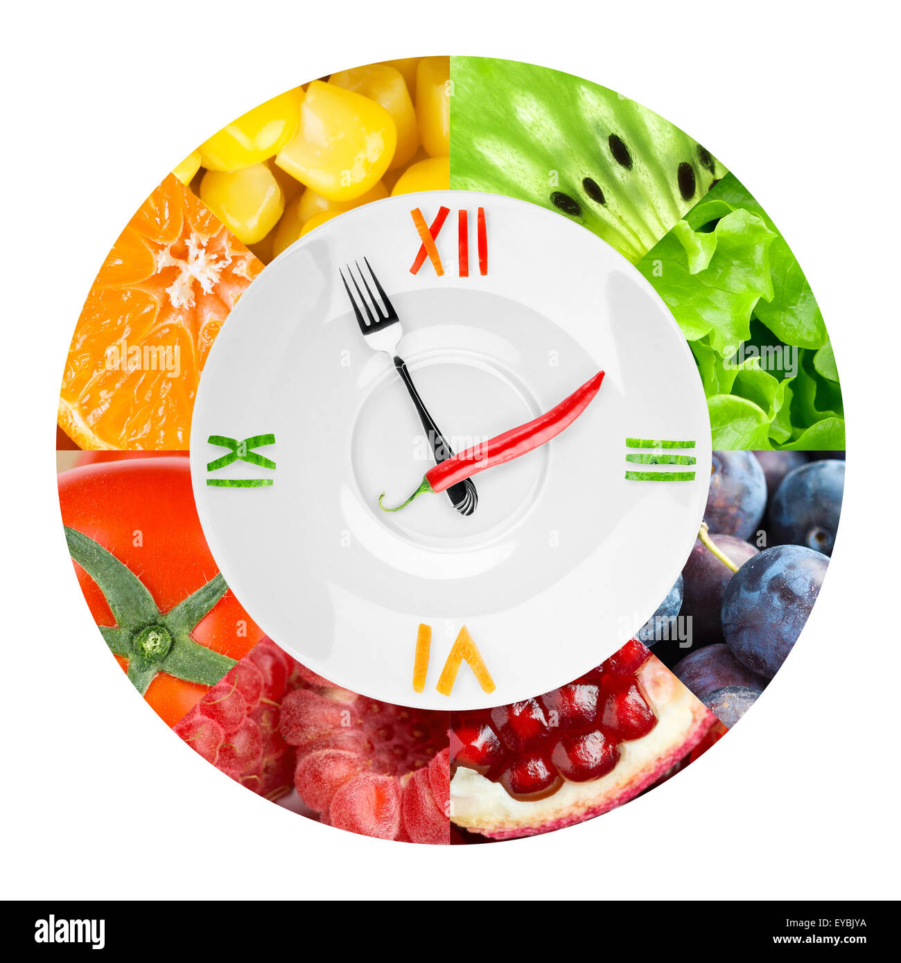 Food clock with fruits and vegetables. Healthy food concept Stock Photo ...