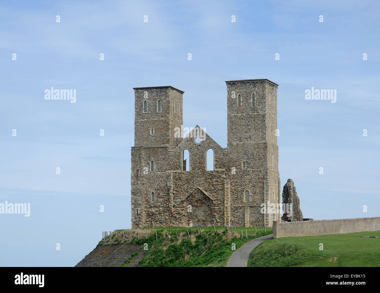 The ruins of the medieval church of St Mary above Reculver. Reculver ...