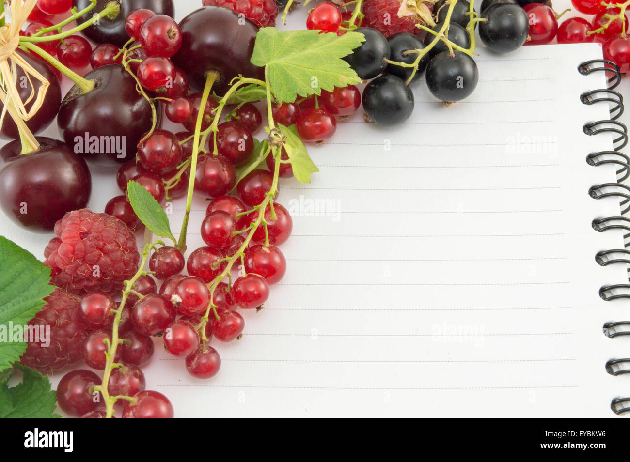 Colorful red and natural berry fruit arranged around notebook Stock ...