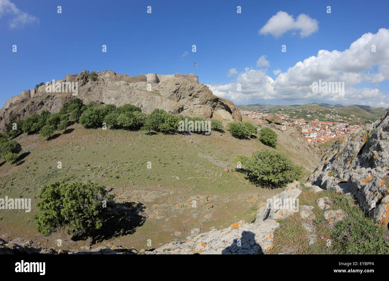 The dominant Byzantine castle surrounded by a small wild oak trees ...