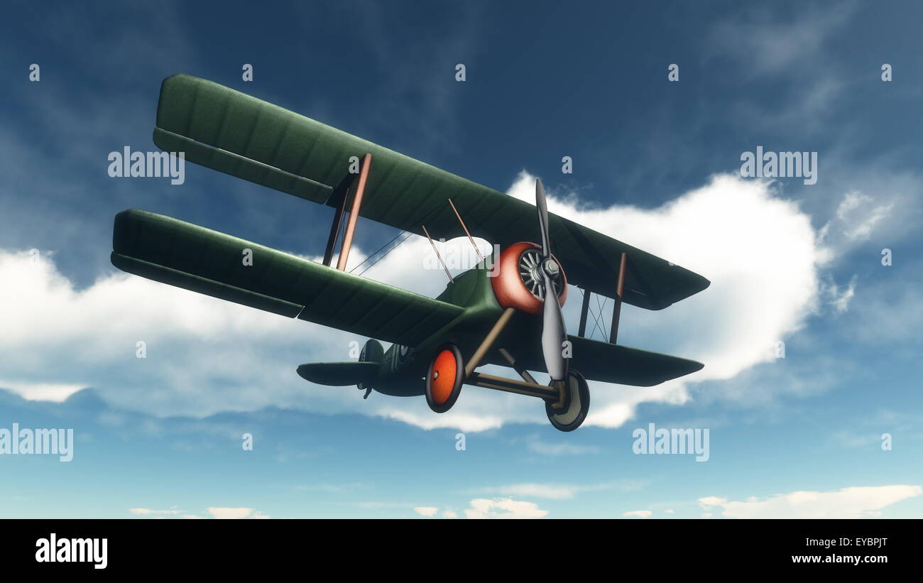 Biplane flying in the blue cloudy sky - 3D render Stock Photo - Alamy