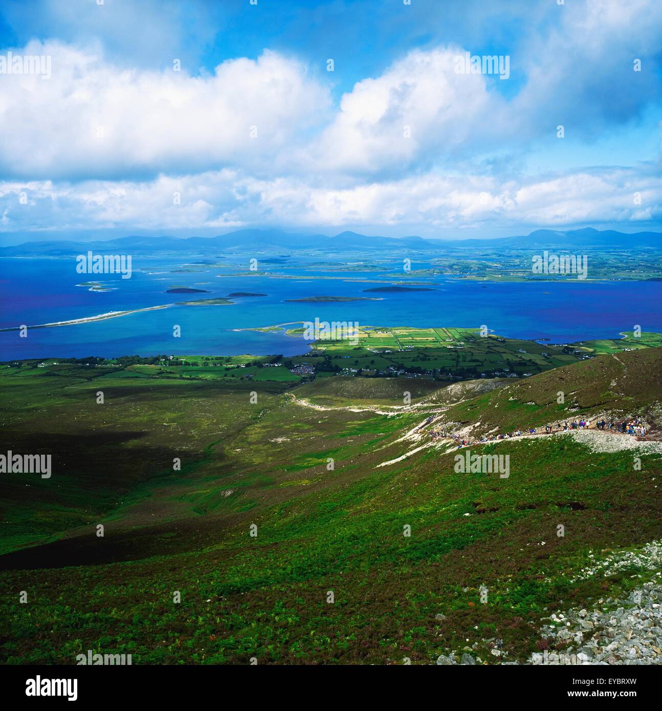 Croagh Patrick, Co Mayo, Ireland; People On A Pilgrimage With Clew Bay ...