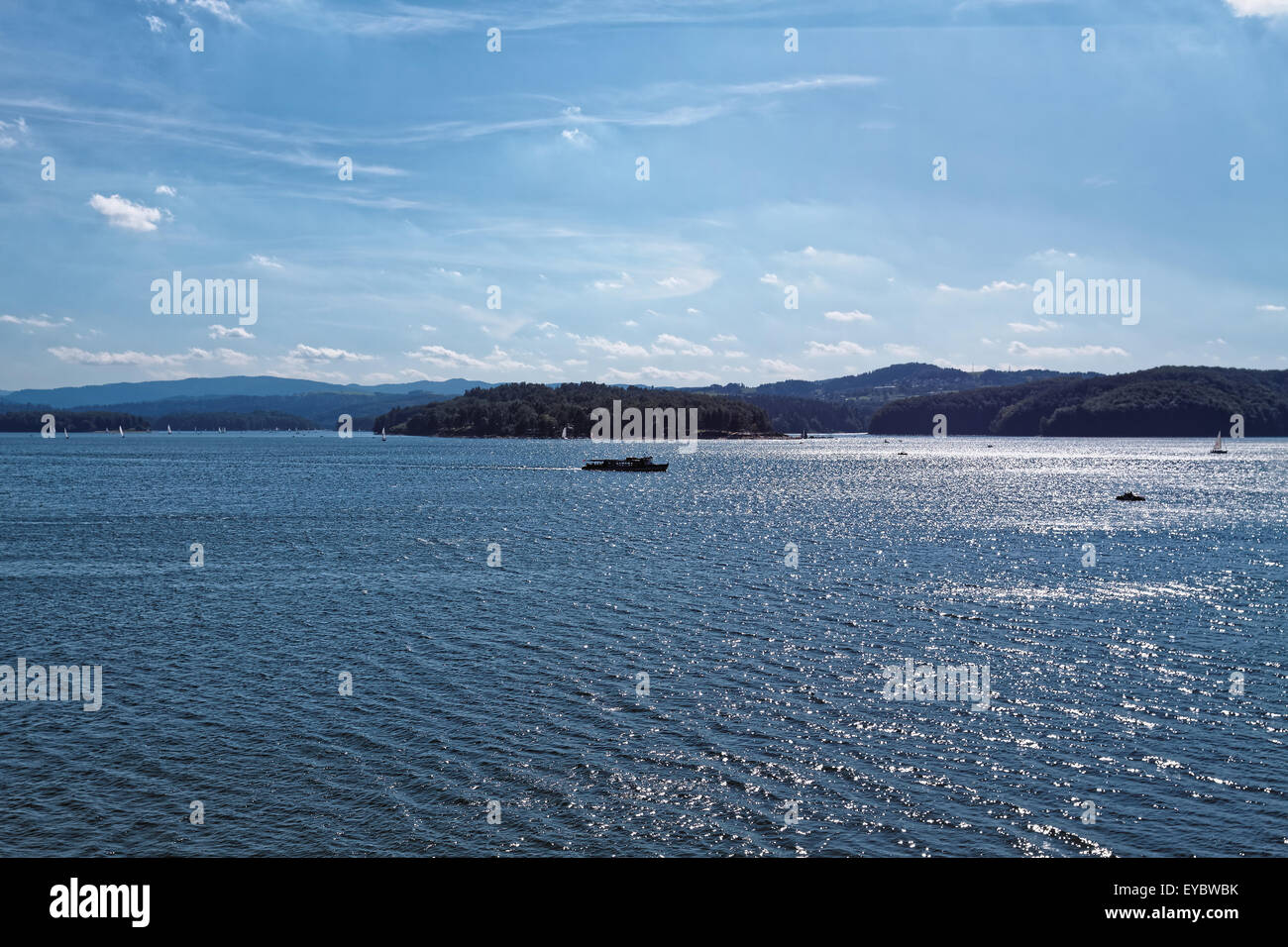 Excursion ship go by the Solina Lake also known as Bieszczady Sea in ...