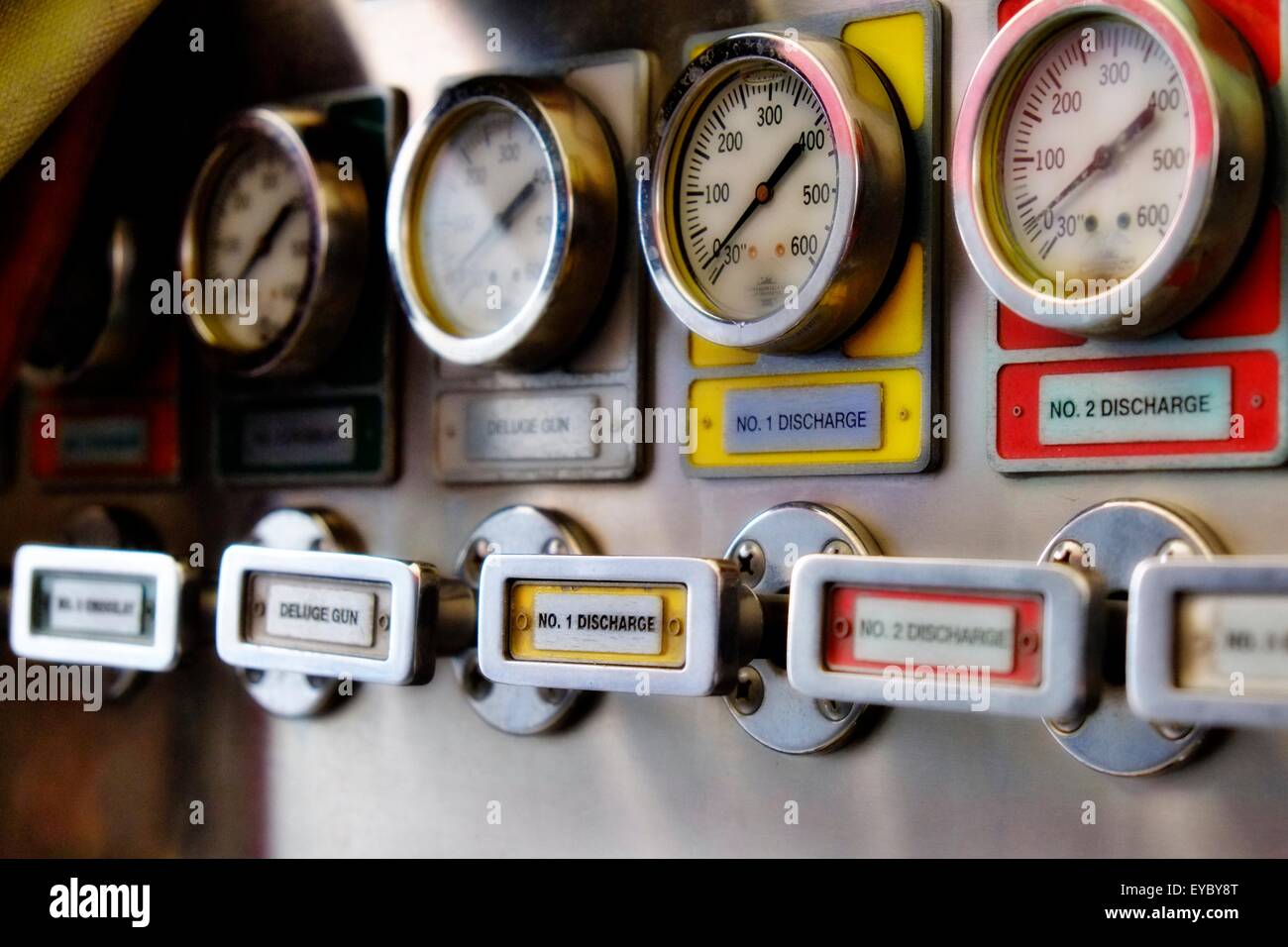 Colorful gauges of a pump on a fire engine Stock Photo - Alamy
