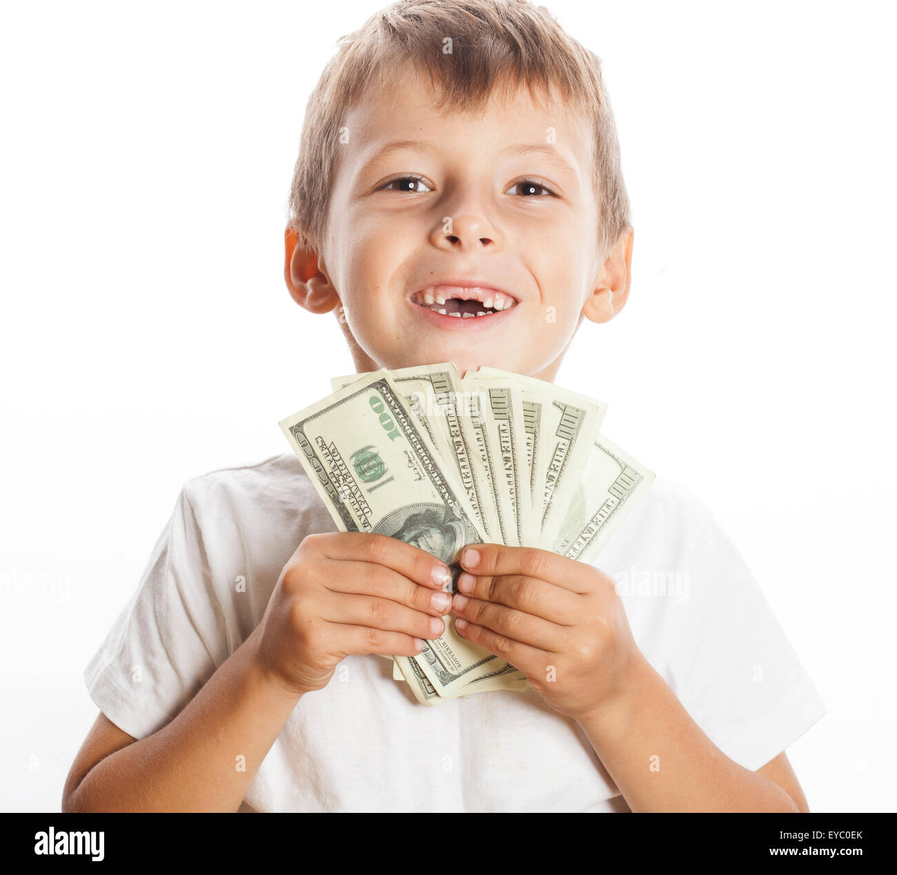 young cute boy holding lot of cash, american dollars Stock Photo - Alamy