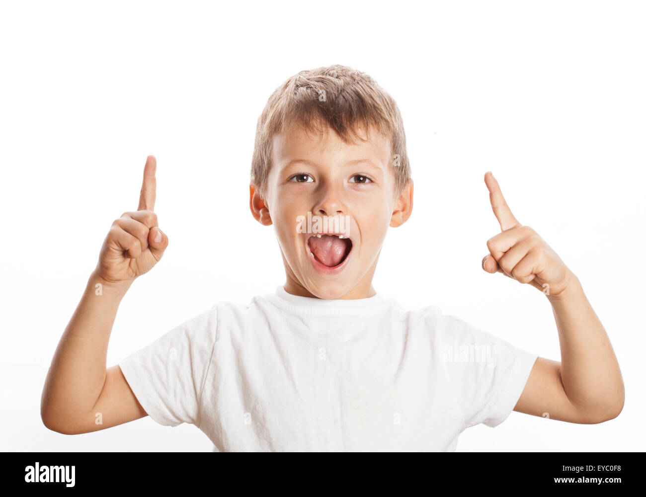 little cute boy pointing in studio isolated close up Stock Photo - Alamy