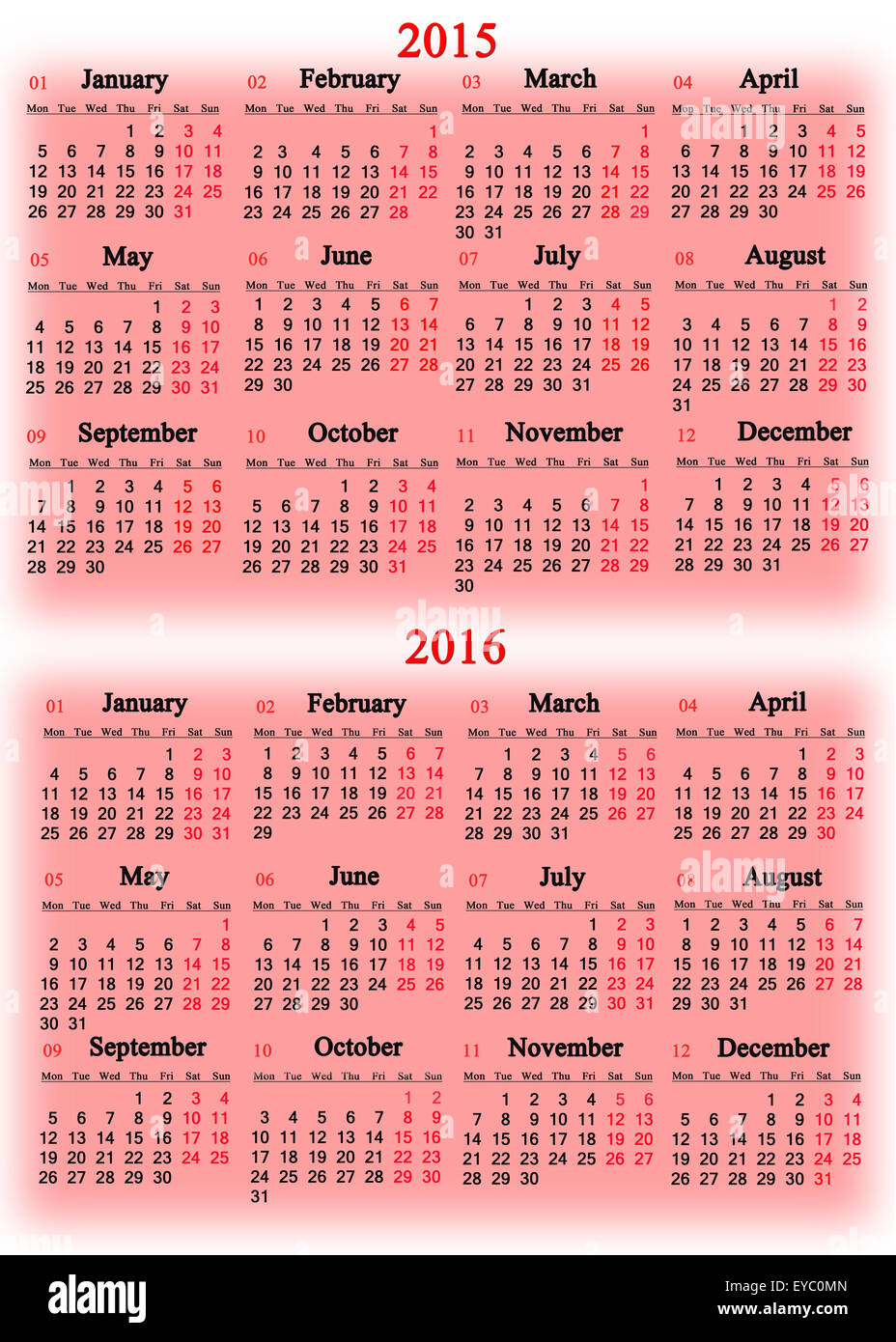 usual office calendar for 2015 - 2016 years on the pink background ...