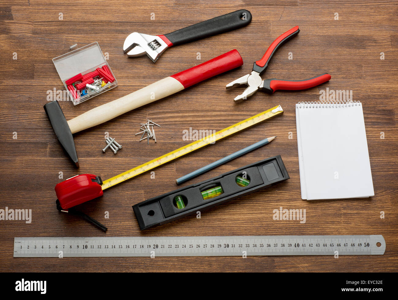 Set of tools over a wood panel with space for text Stock Photo - Alamy