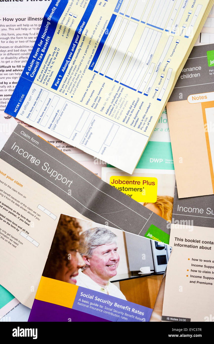 Various types of British social security benefit claim forms and ...