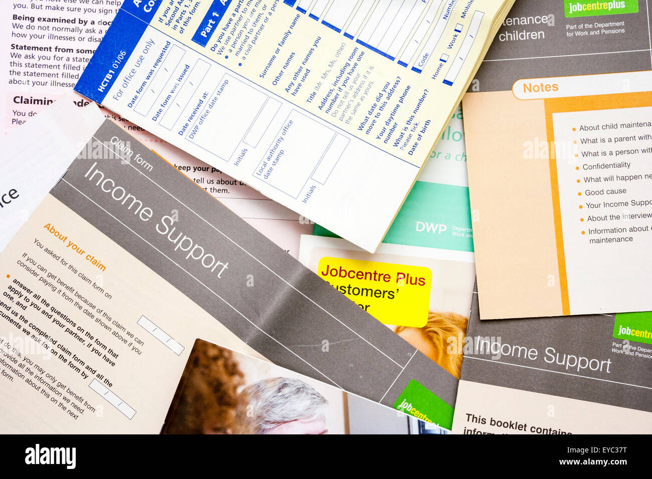 Various types of British social security benefit claim forms and ...