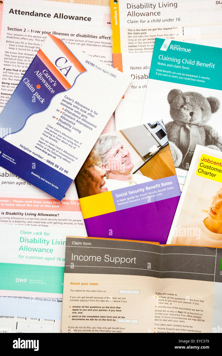 Various types of British social security benefit claim forms and ...