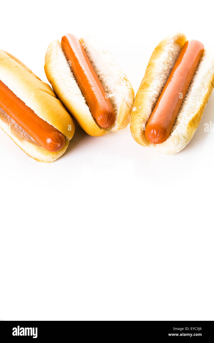 Traditional hot dogs on a white hot dog bun on a white background Stock ...