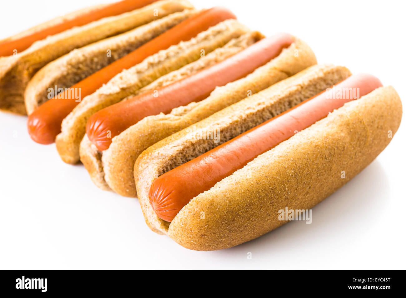 Traditional hot dogs on a white hot dog bun on a white background Stock ...