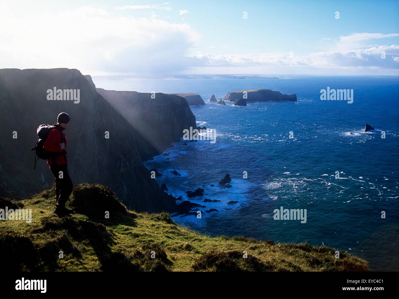 Kid Island From Benwee Head, County Mayo, Ireland; Hiker Enjoying ...