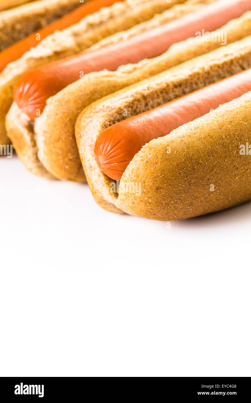 Traditional hot dogs on a white hot dog bun on a white background Stock ...