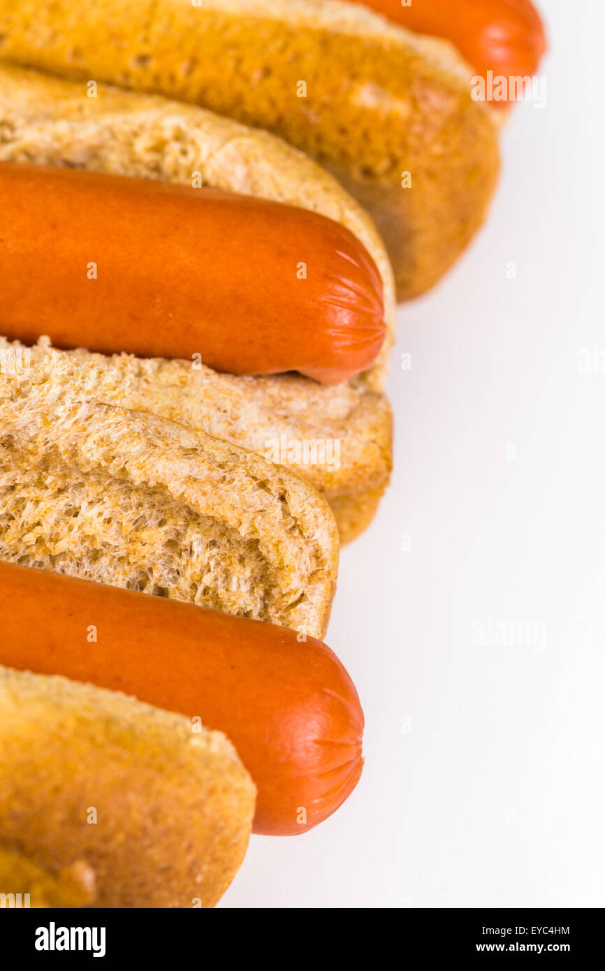 Traditional hot dogs on a white hot dog bun on a white background Stock ...